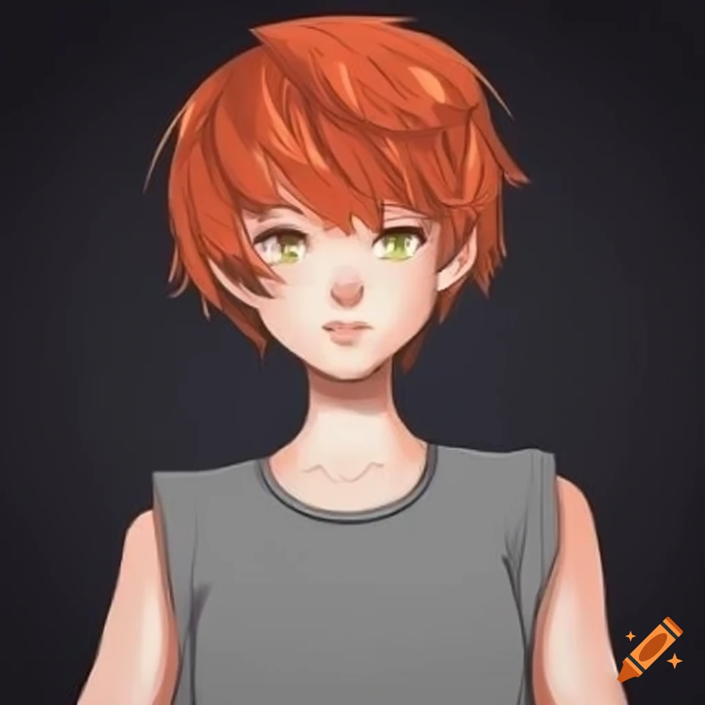 Anime girl with orange pixie cut hair and green eyes wearing a gray ...