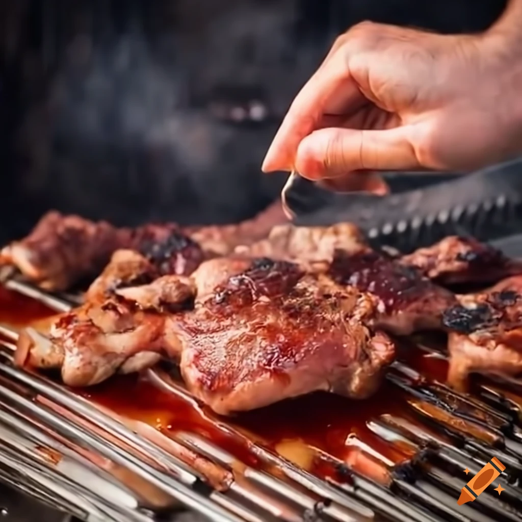 Man bbqing and pouring sauce over meat on Craiyon
