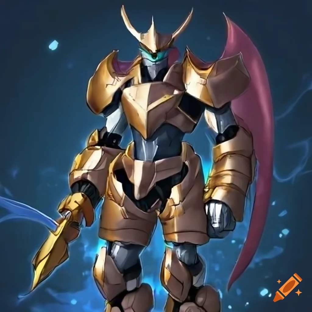 Mega armored knight mecha in digimon-style anime on Craiyon