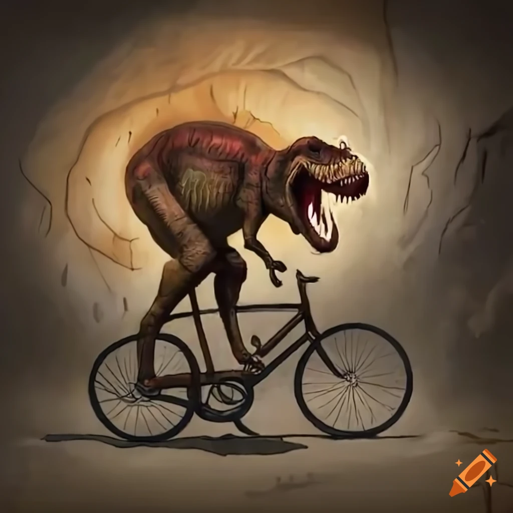 Cave painting of a Tyrannosaurus Rex riding a bicycle on Craiyon
