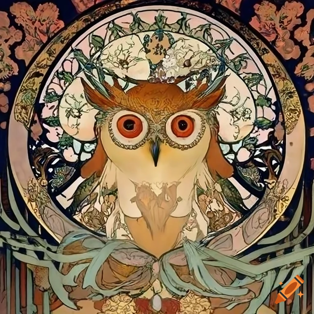 Enchanting owl artwork by alphonse mucha on Craiyon