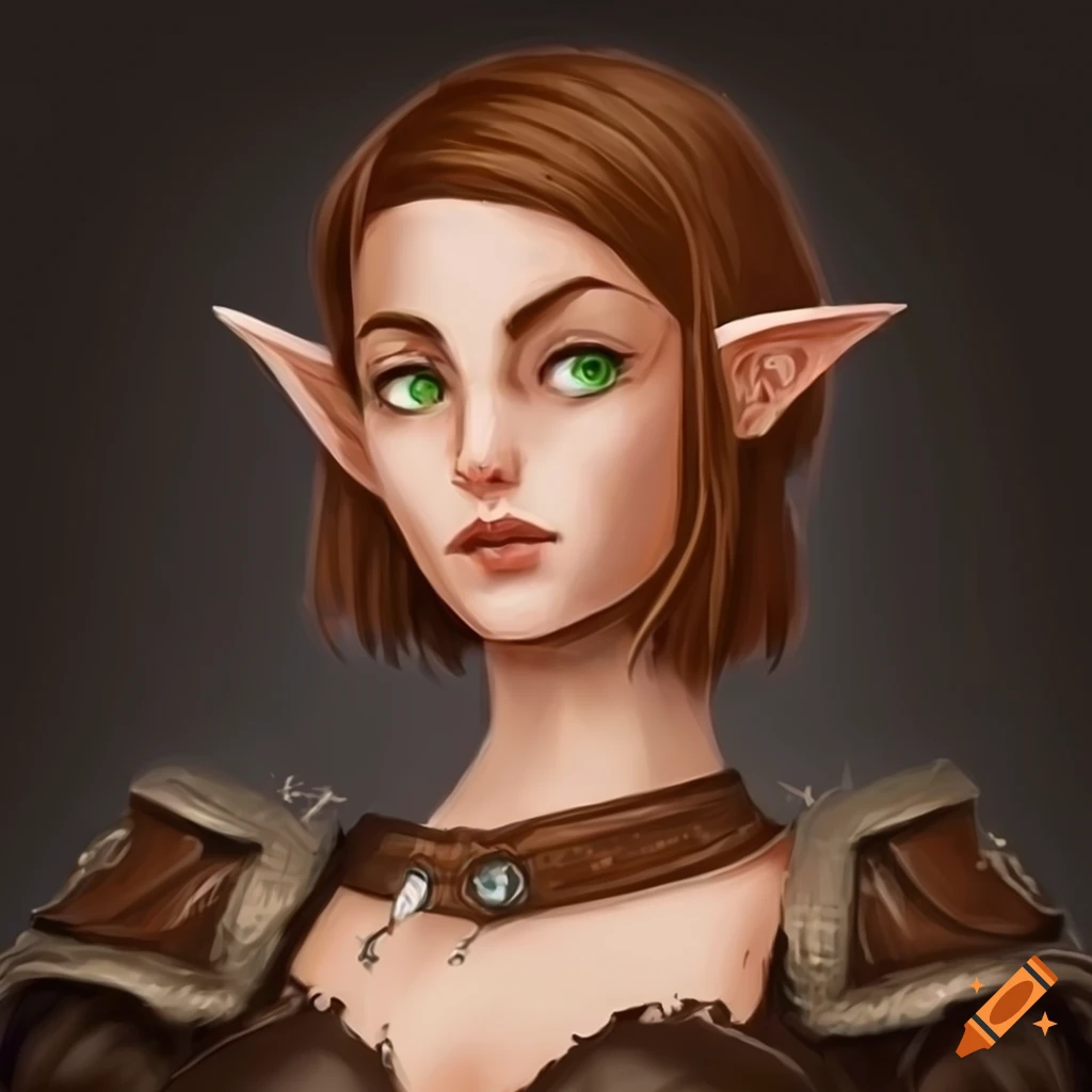 Female half elf cleric with short brown hair portrait on Craiyon