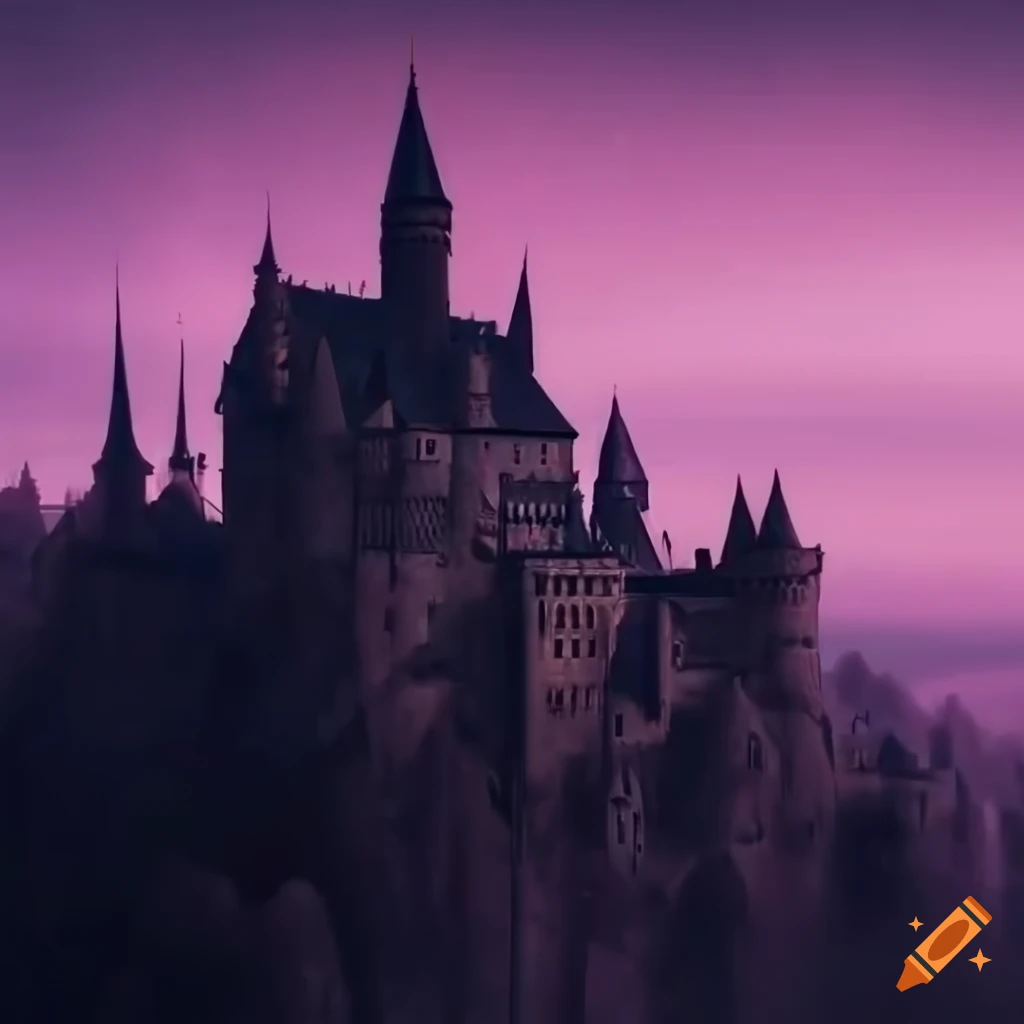Dark European goth castle with purple sky at crepuscule on Craiyon