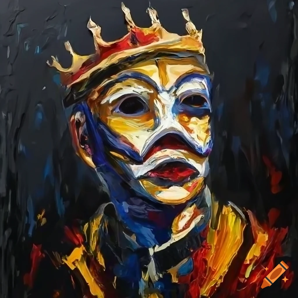 Masked king portrayed in palette knife painting style on Craiyon