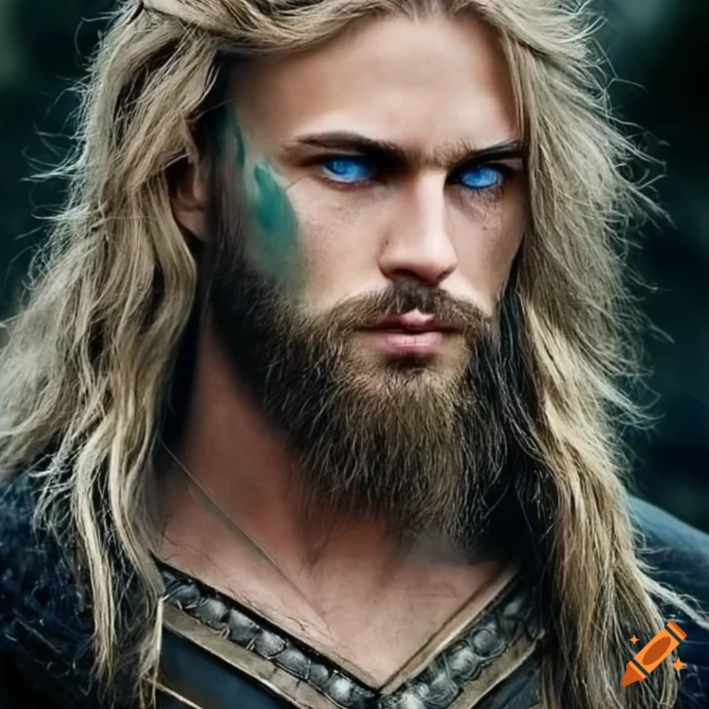 Handsome male viking with blue eyes, long dark blonde hair, and a short ...