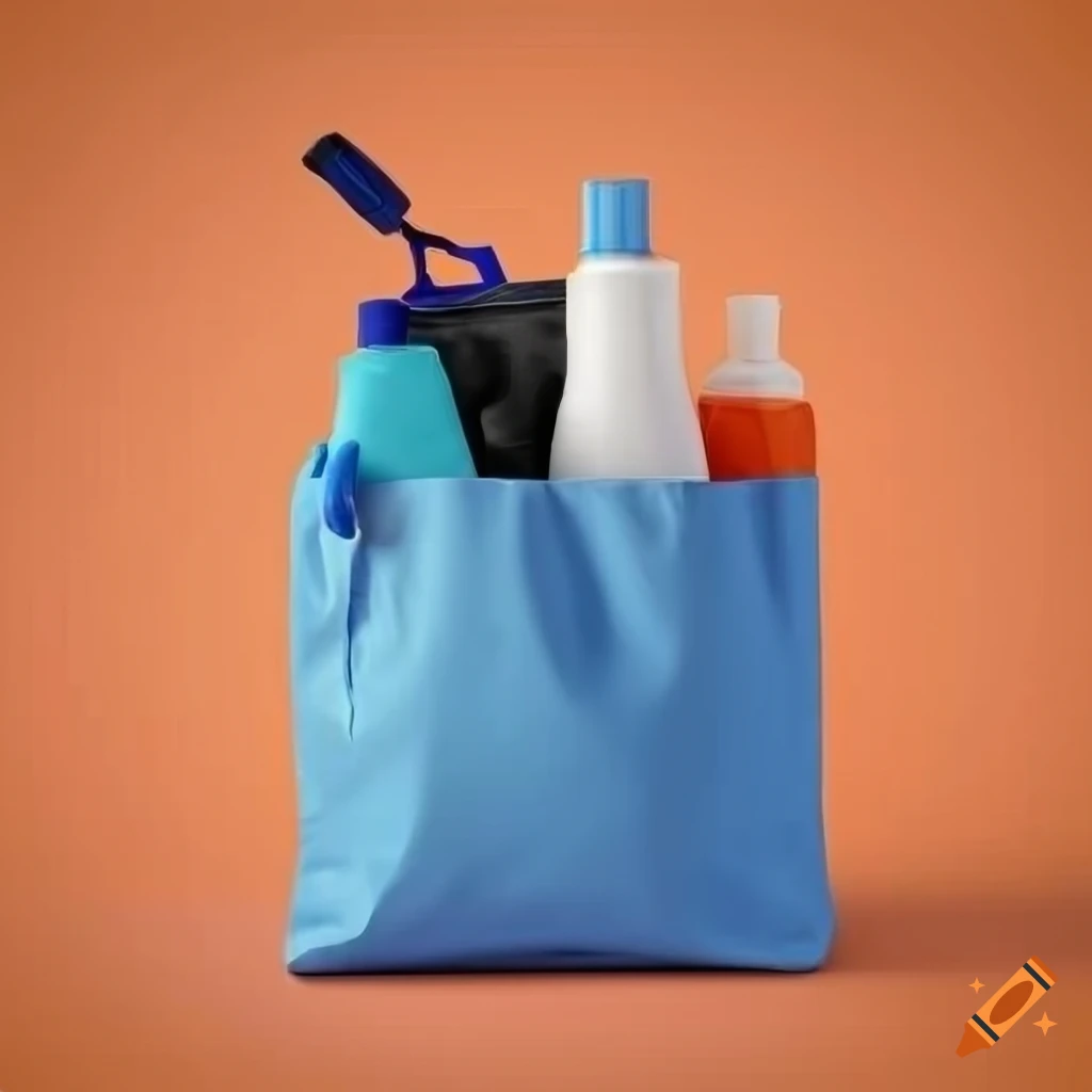 Blue tote bag with cleaning products on an orange background on Craiyon