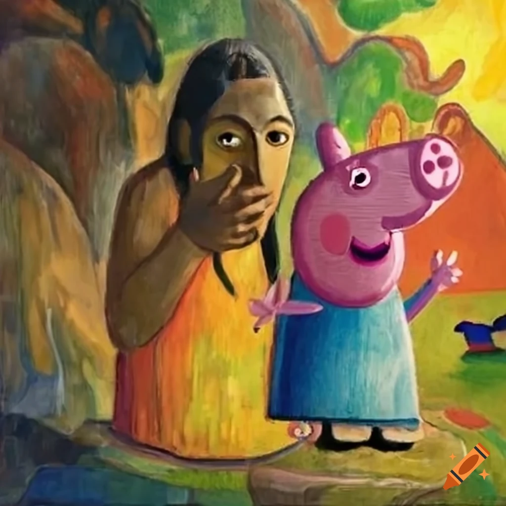 Colorful whimsical scene inspired by 'ipupo' by paul gauguin with peppa ...