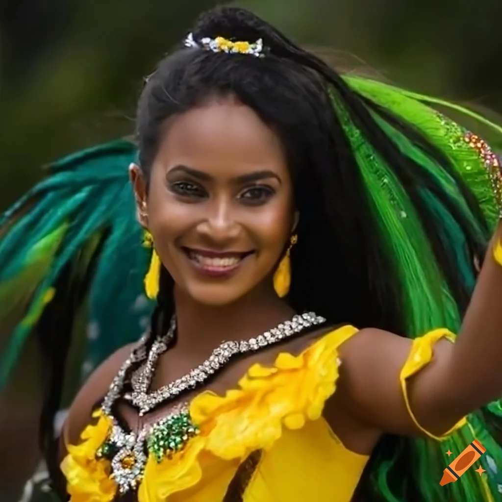 Guyanese woman in carnaval attire dancing and smiling on Craiyon