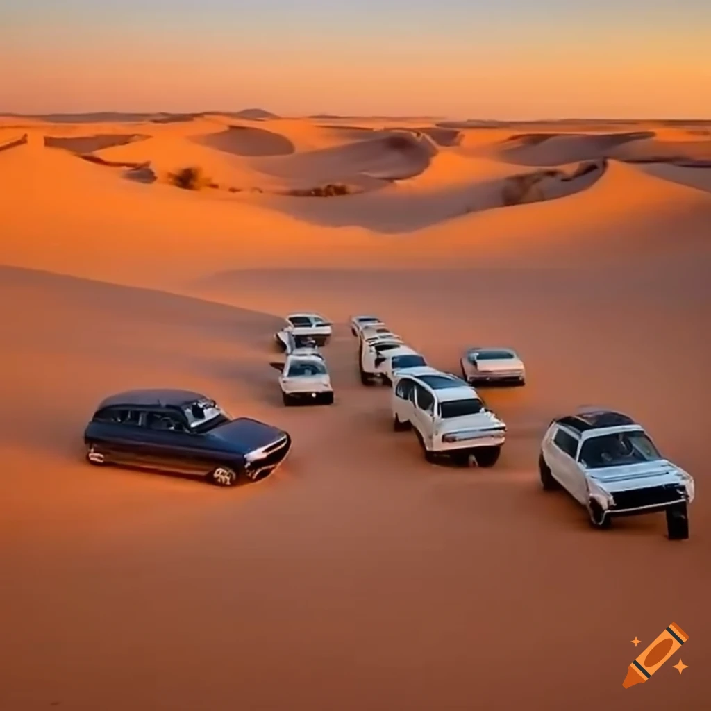 Numerous lada cars in a sandy desert landscape on Craiyon