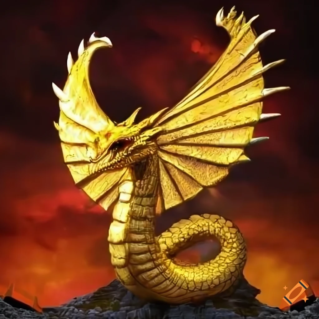 Giant golden solar serpent dragon with solar wings in a bright setting ...
