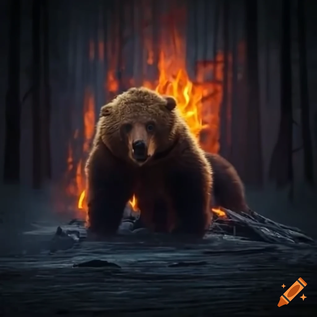 Bear escaping forest fire near cabin on Craiyon