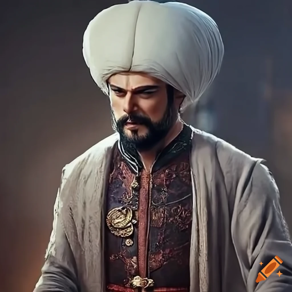 Burak özçivit as medieval ottoman sultan in white turban on Craiyon