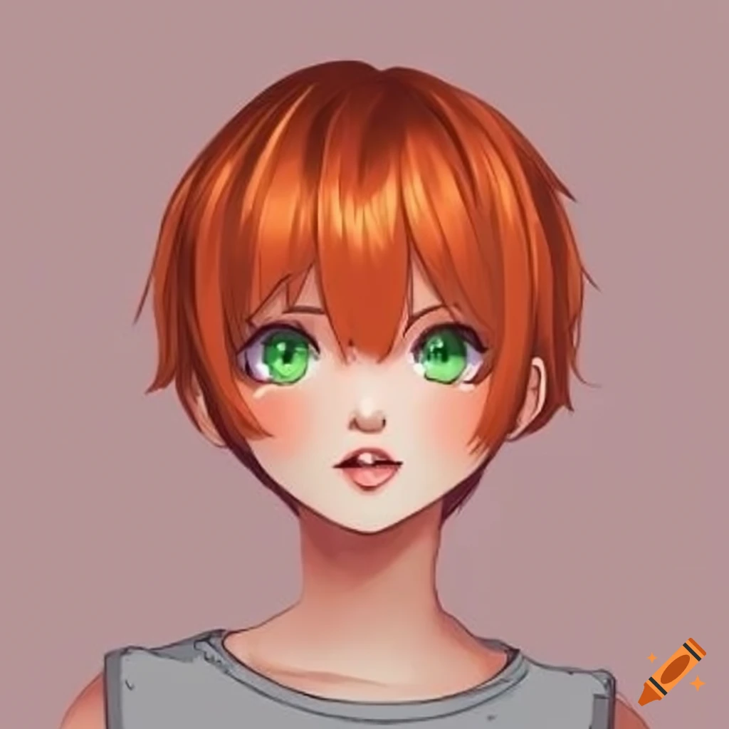 Anime girl with orange pixie cut hair and green eyes wearing a gray ...