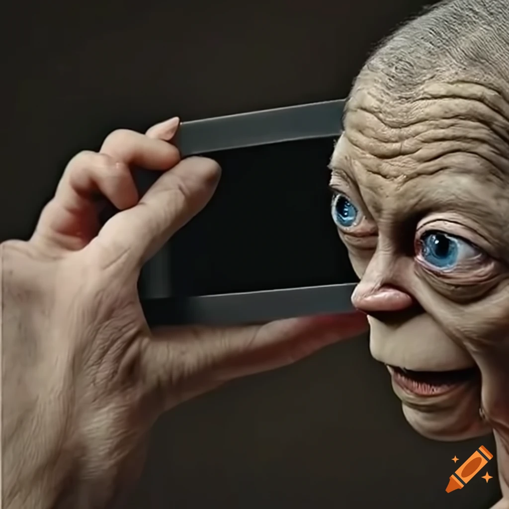 Gollum holding a screen intensely like his precious on Craiyon