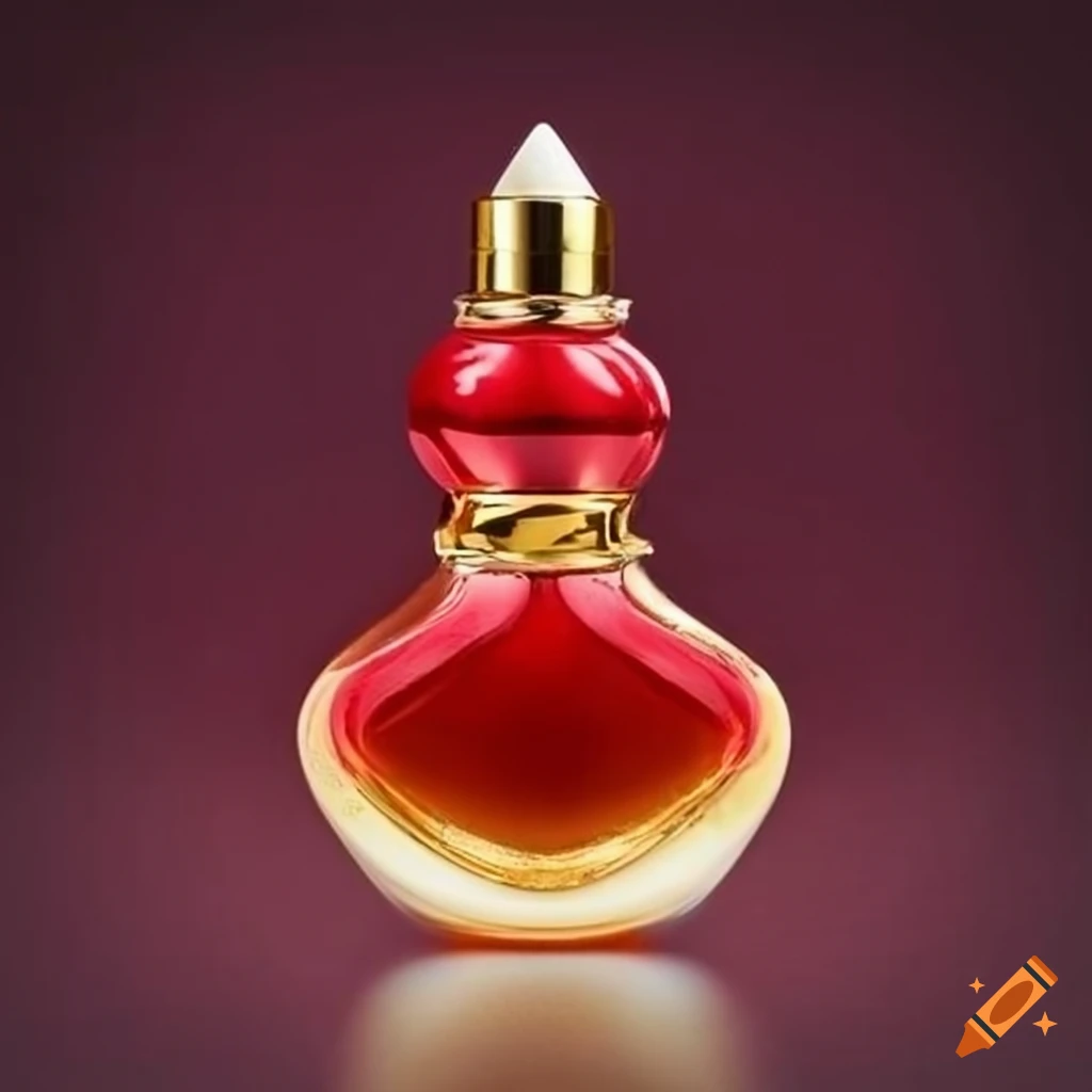 Red perfume bottle with white cap and gold accents on Craiyon