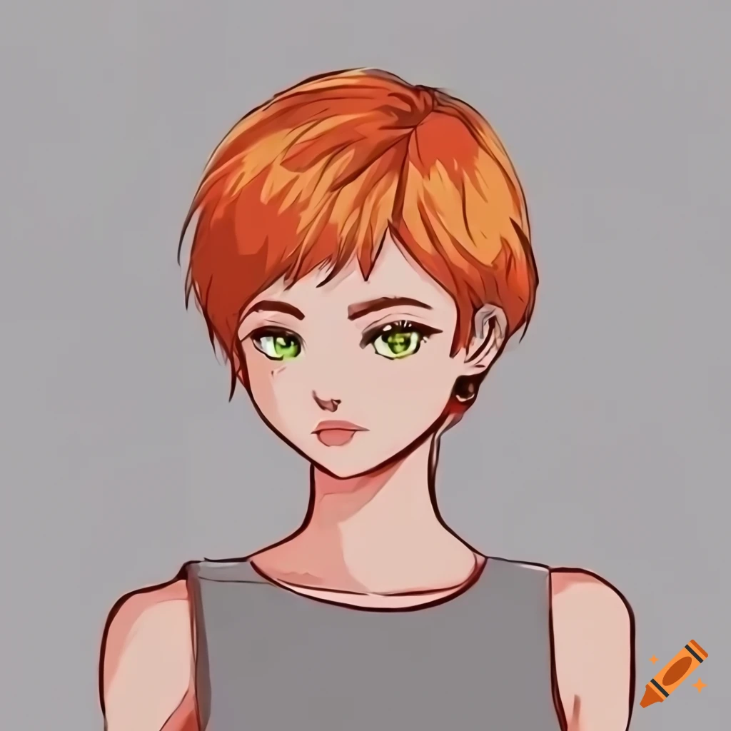 Anime girl with orange pixie cut hair and green eyes in a gray t-shirt ...
