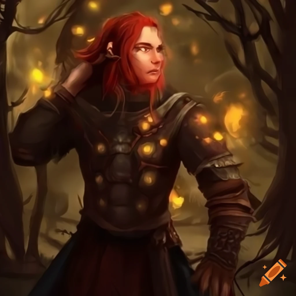 Male half-elf death cleric with red hair in a bayou surrounded by ...