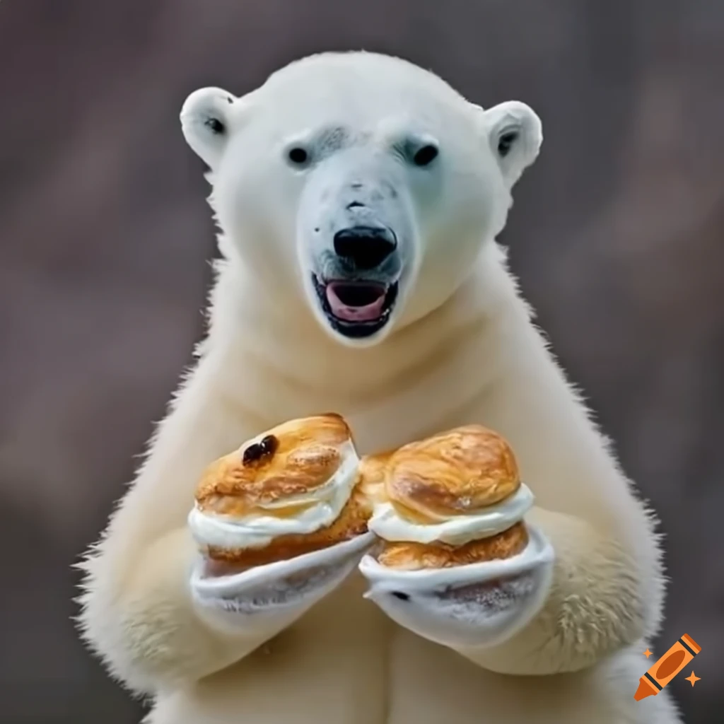 Polar bear with a cream puff pastry on Craiyon