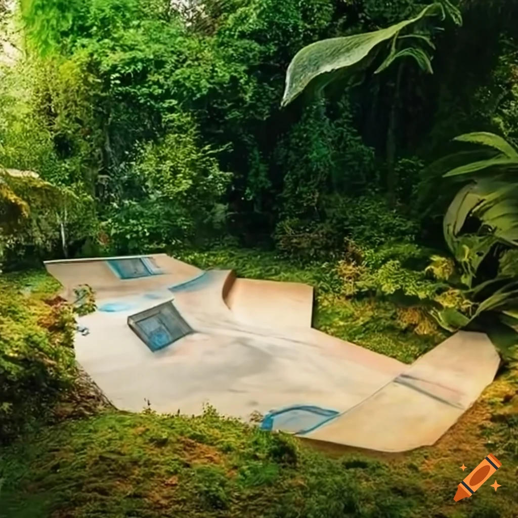 Small private skatepark within an exotic overgrown garden on Craiyon