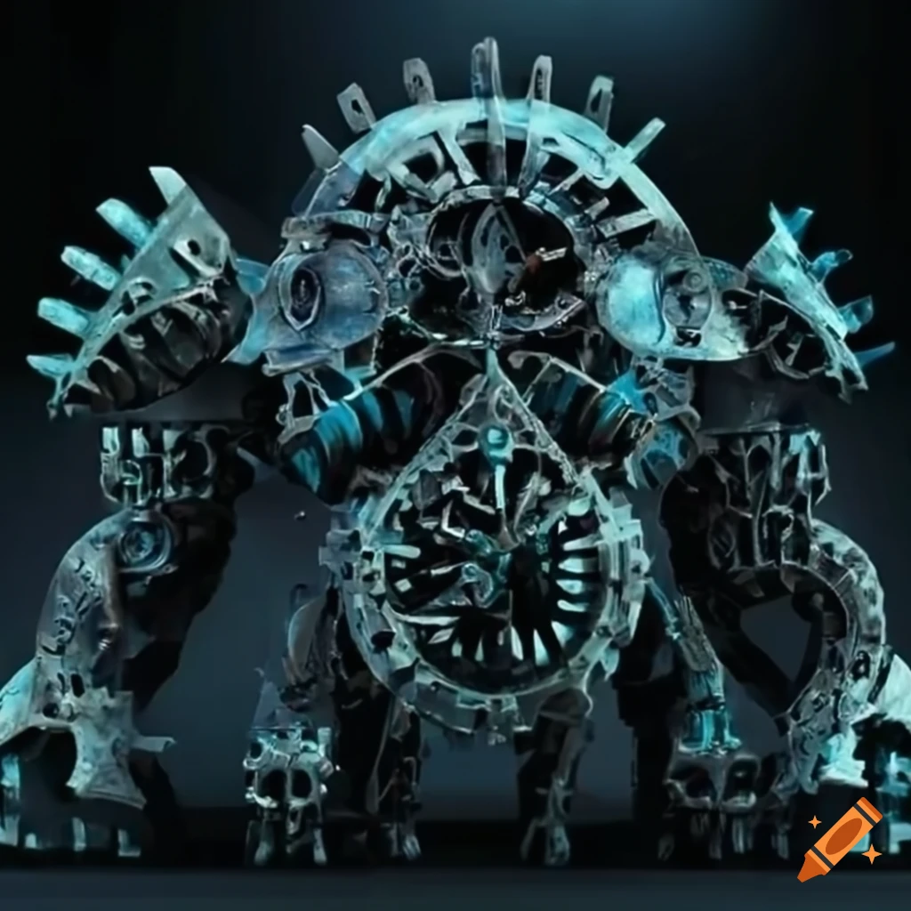Sinister mechanical monster made of blades and cogs with a diamond core ...
