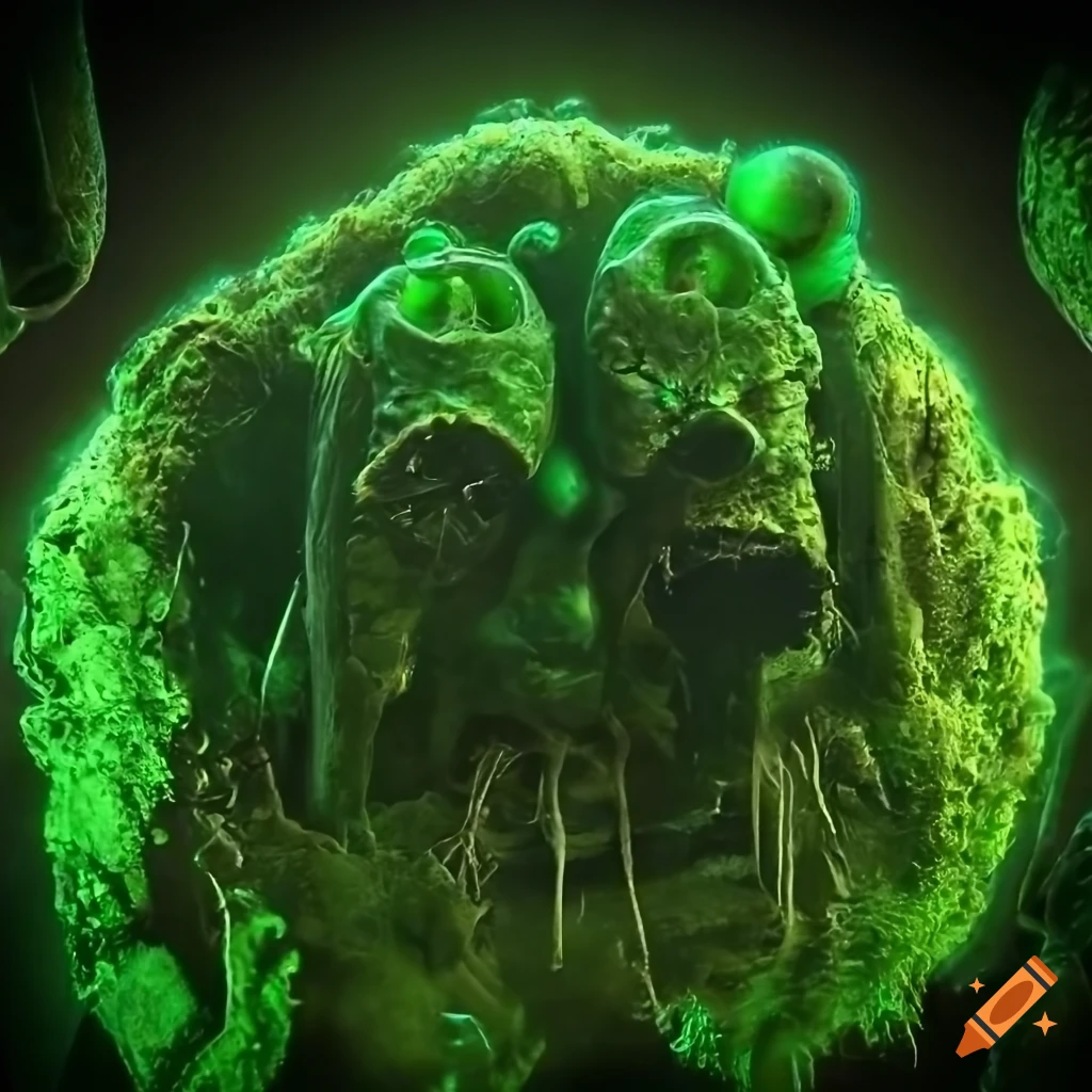 Glowing biopunk cityscape with green moss, plants, mushrooms, and ...