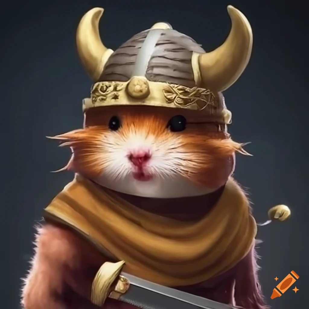 Playful hamster in Viking attire with tiny sword on Craiyon