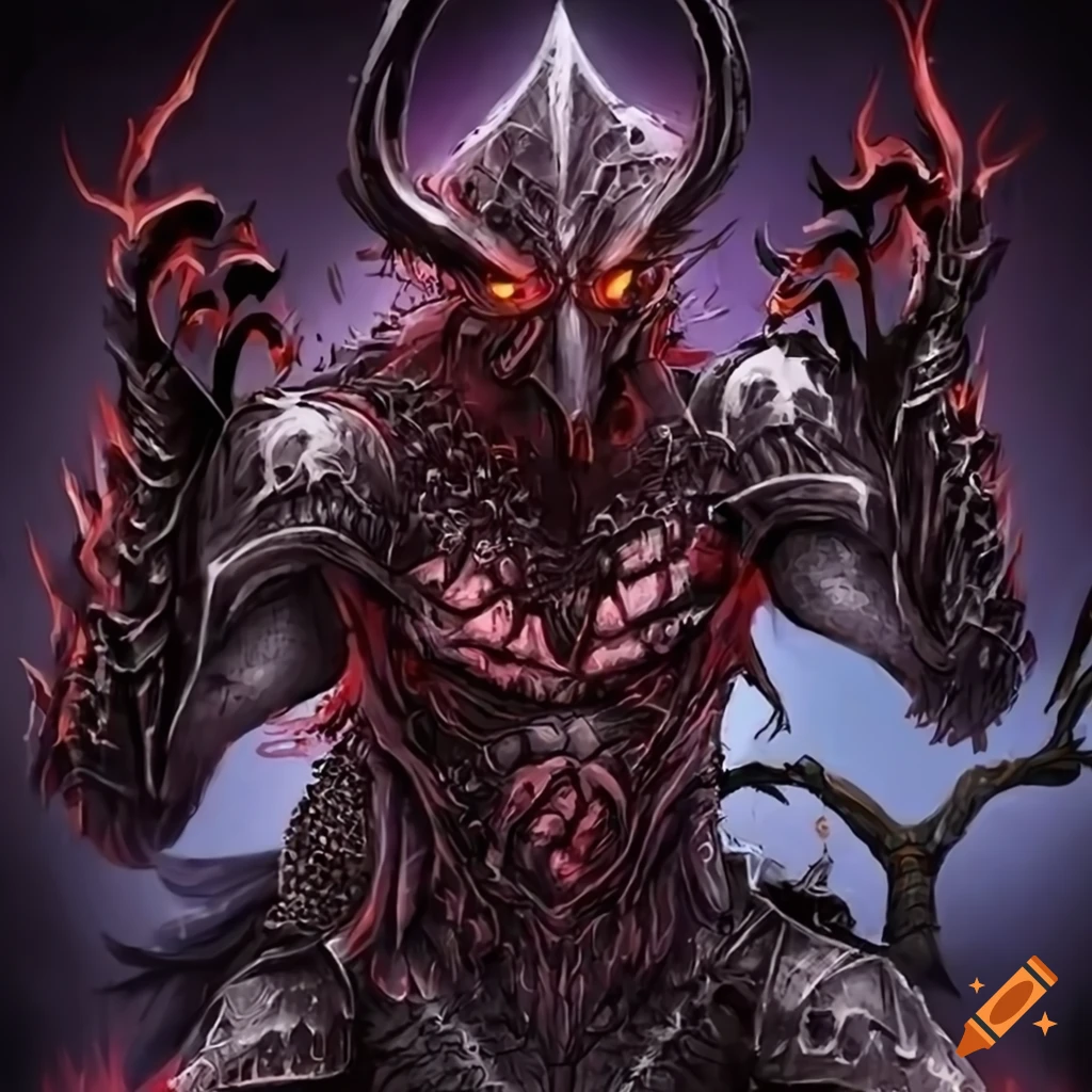 Demonic-armored fantasy knight battling a ghost in a graveyard on Craiyon