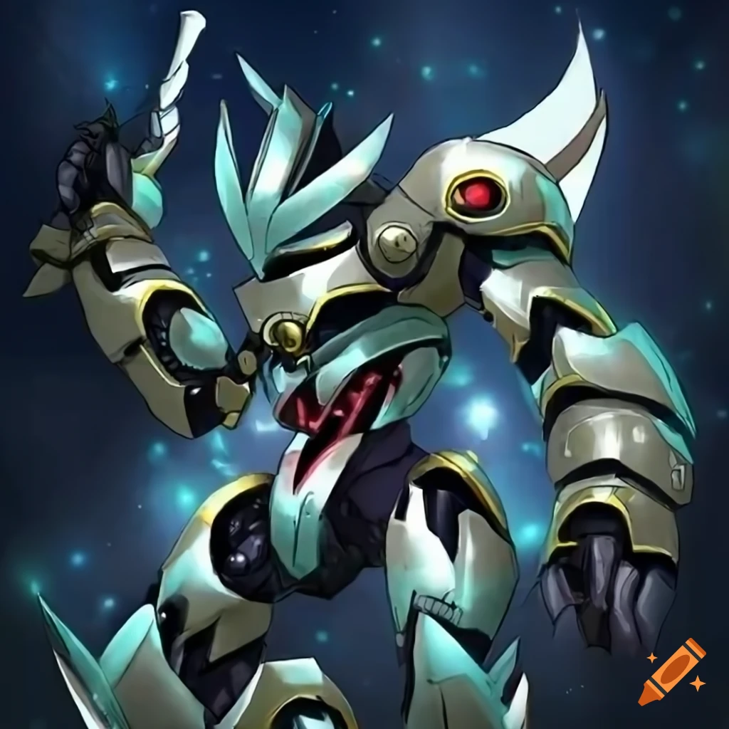 Mega armored knight mecha in digimon-style anime art on Craiyon