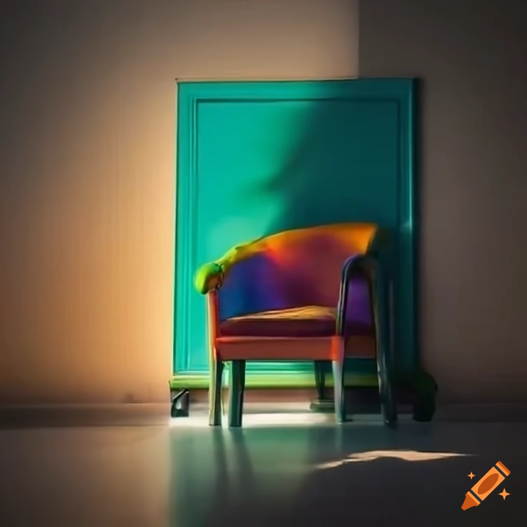 Colorful cat sitting on a chair in dim lighting by shadowy entrance ...