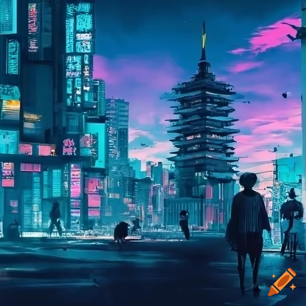 Tokyo cyberpunk city by the beach under daytime sky with few clouds on ...