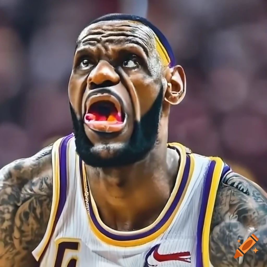 LeBron James enjoying chicken while dunking on basketball court on Craiyon