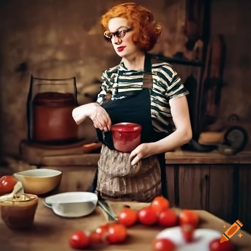 Skilled woman canning homemade tomato juice in a rustic kitchen on Craiyon