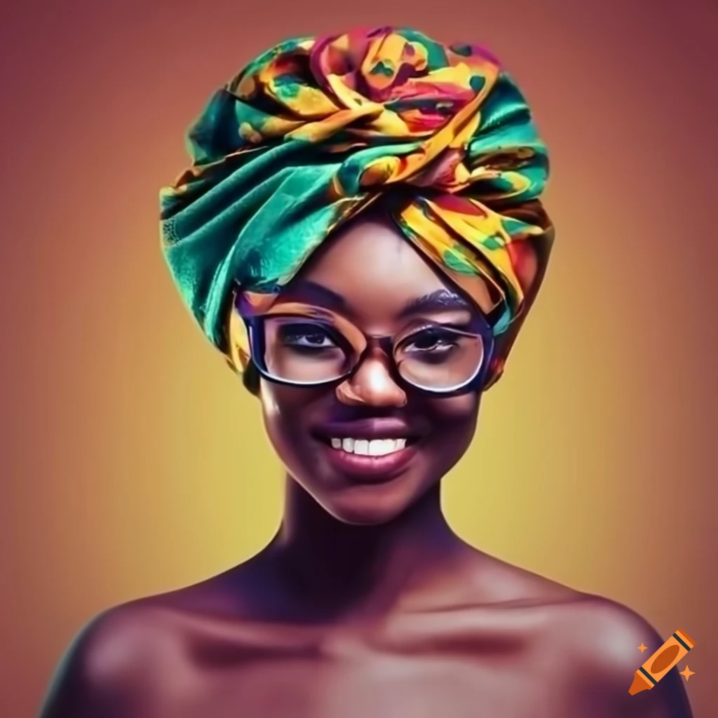 Captivating black woman with glasses and vibrant head wrap on Craiyon