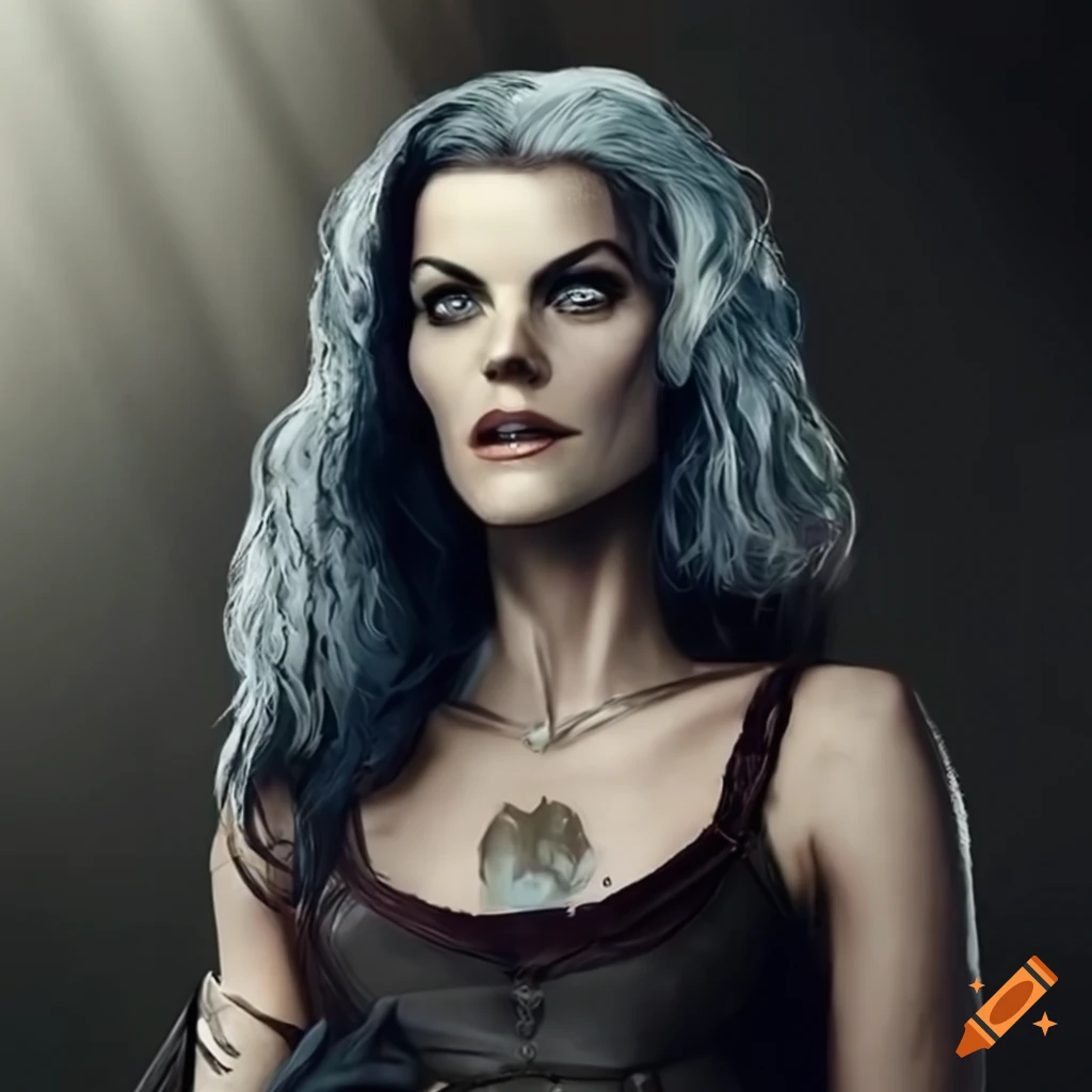 Jaimie alexander depicted as an evil white-haired entity on Craiyon