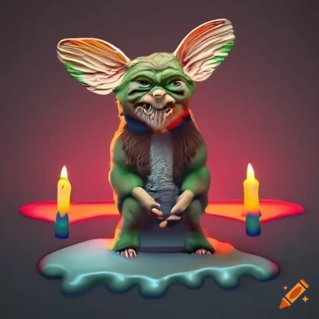 Close-up of a fluffy gremlin beside a melting red candle in 3d ...