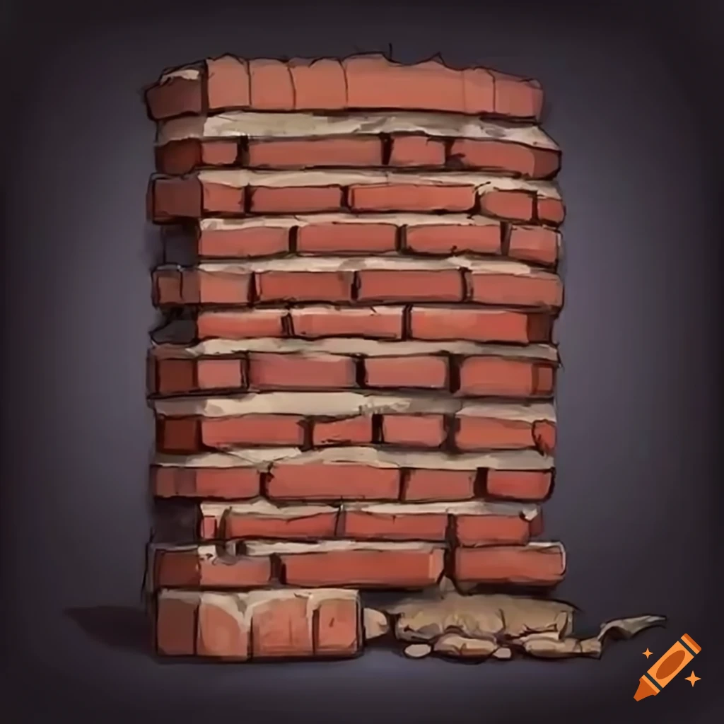 Traditional solid brick wall with collapsed bricks in the corner on Craiyon