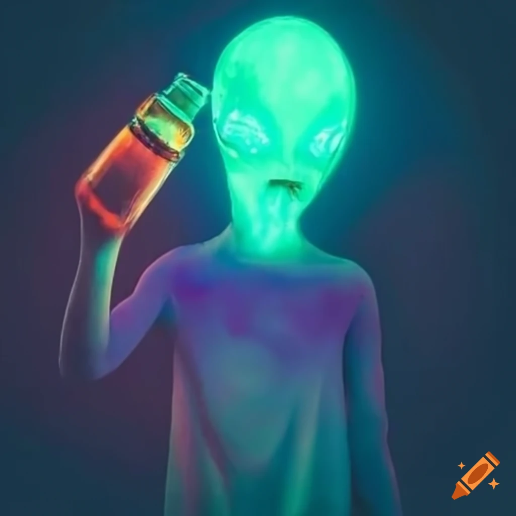Alien ghost pouring liquid from a glass bottle on a foggy city street ...