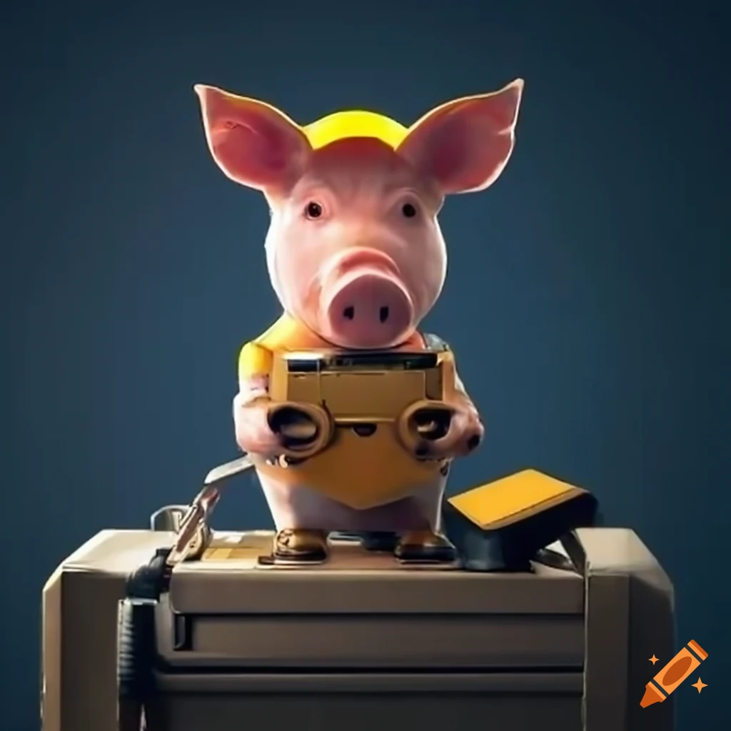 Miniature pig in overalls working on a robot mechanic's toolbox on Craiyon