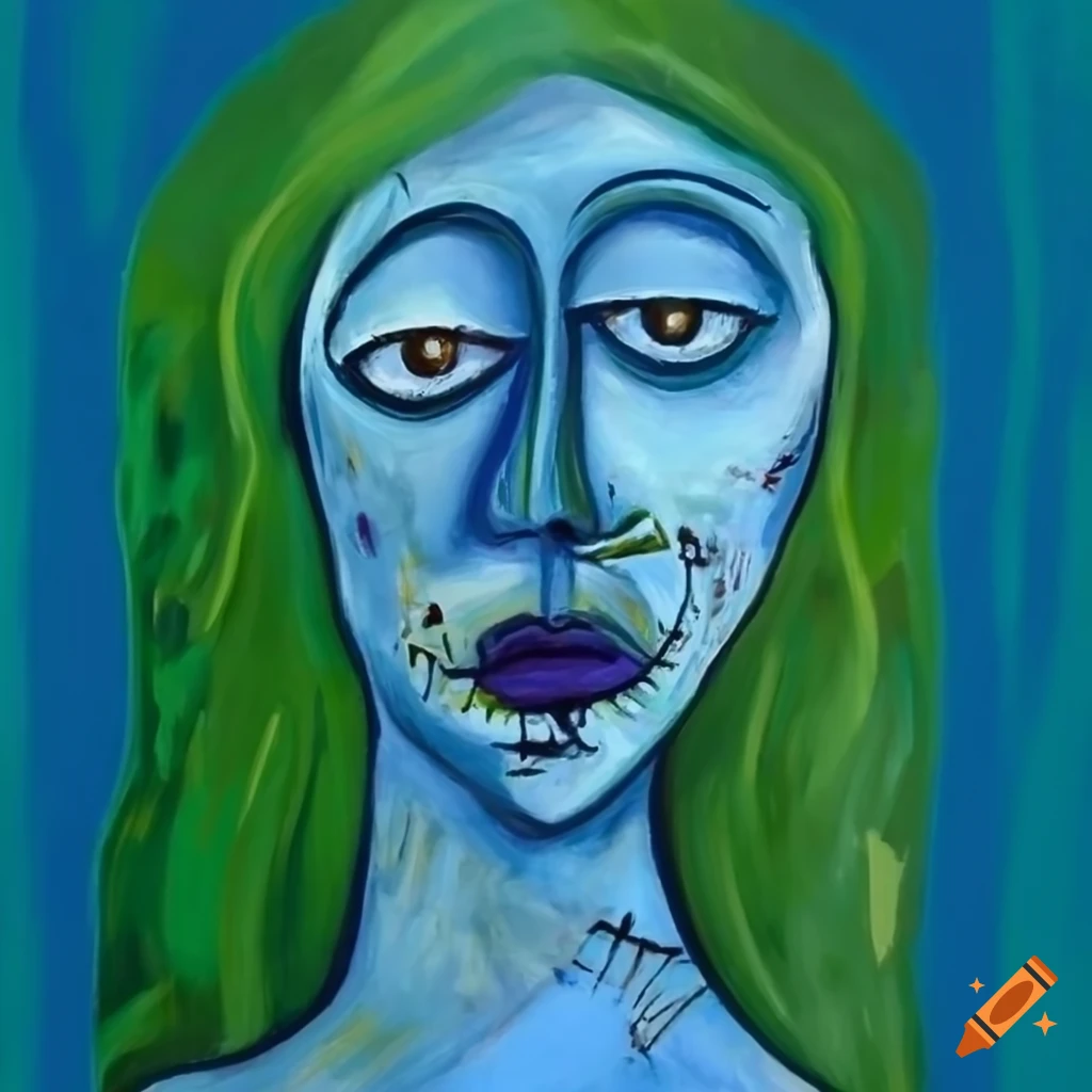 Zombie depicted in blue tones by Picasso on Craiyon