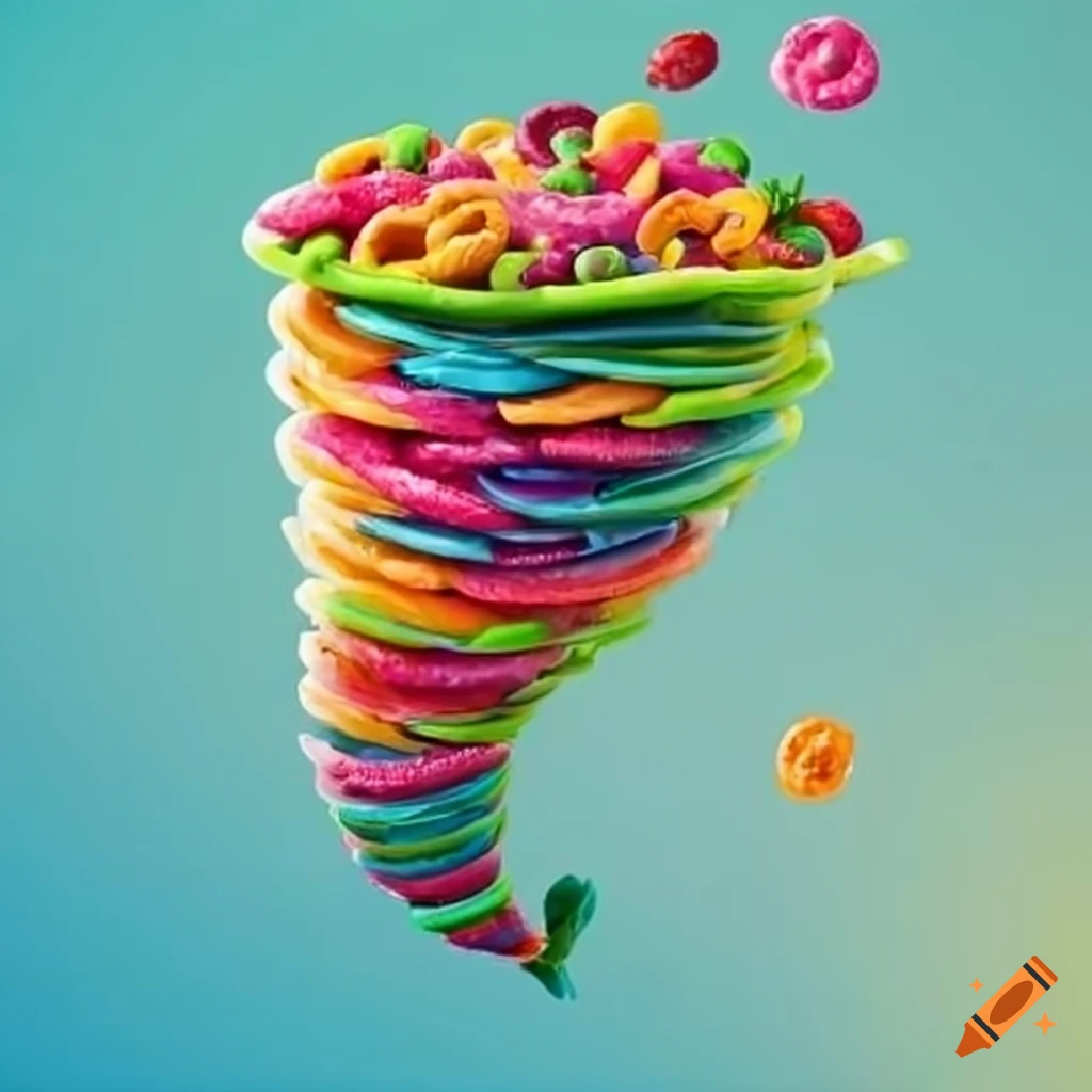 Colorful cereal box with tornado themed character on Craiyon