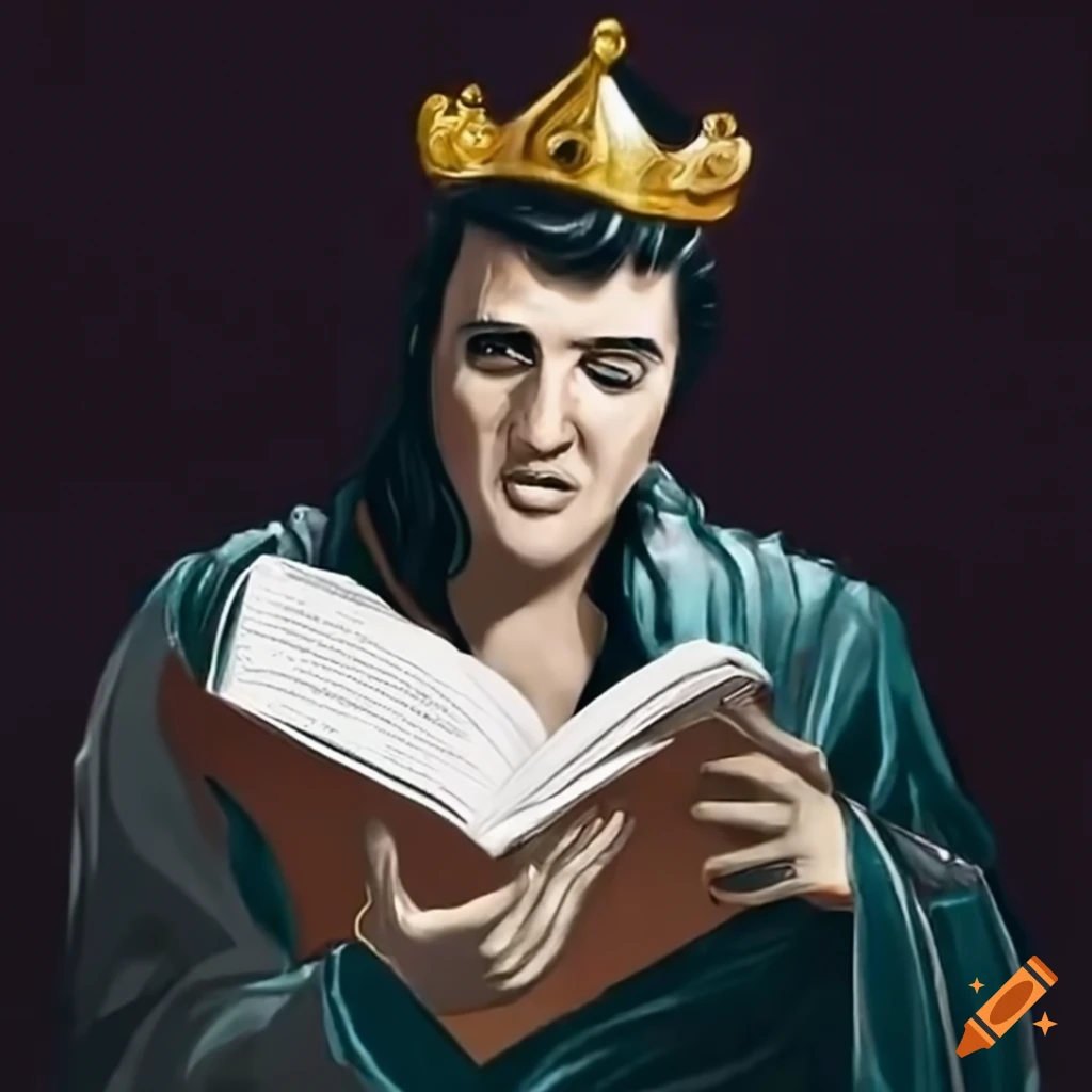 Elvis with a crown reading a rule book on Craiyon