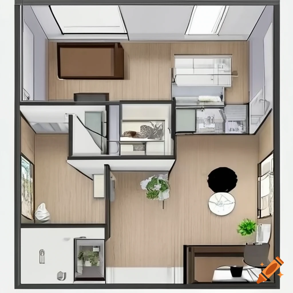 2D floor plan with bedroom, modern bathroom, living room, and kitchen ...