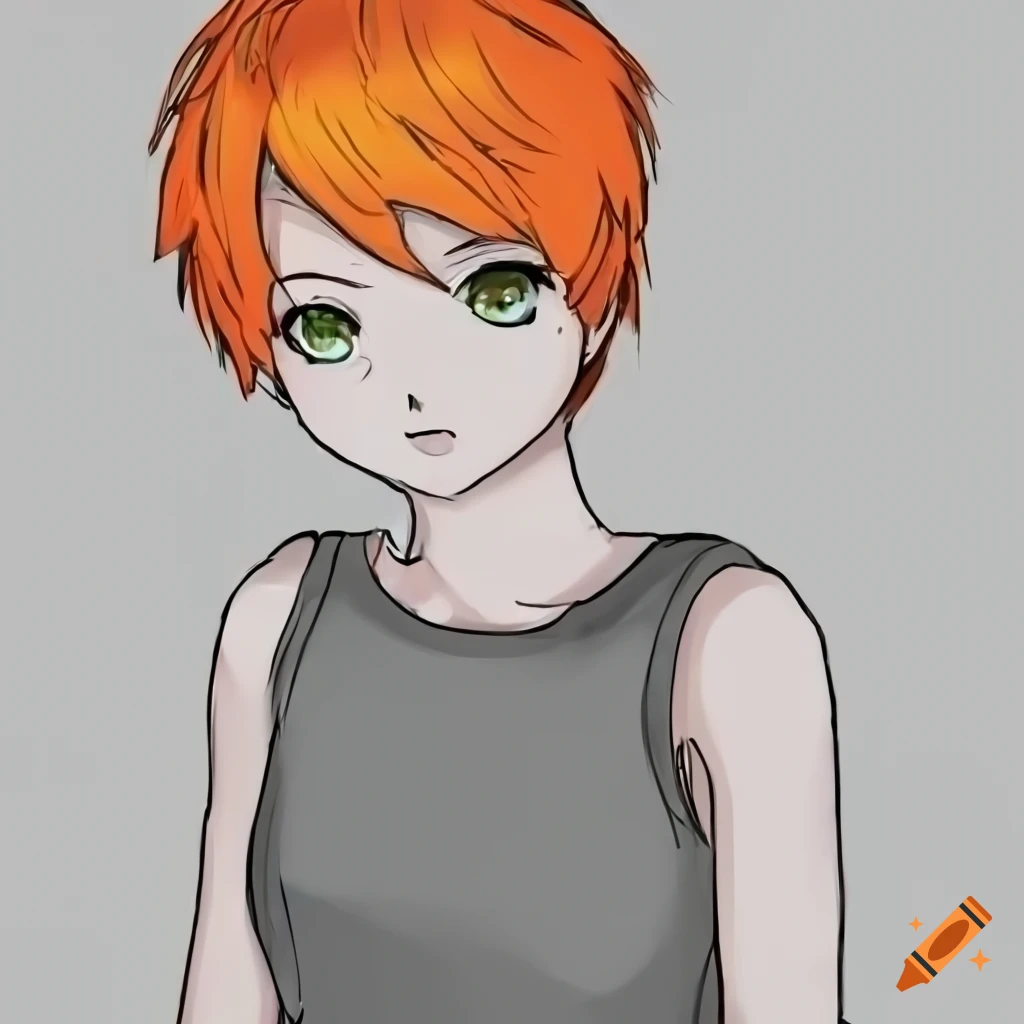 Anime girl with orange pixie cut hair and green eyes in a gray ...