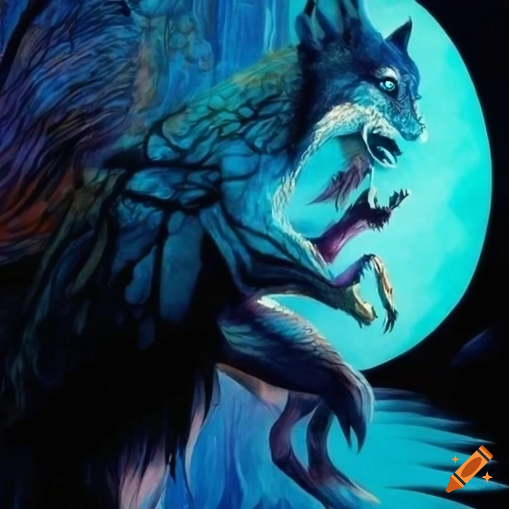 Crystalline wolf-like creatures in a 70's fantasy landscape by Roger Dean on Craiyon