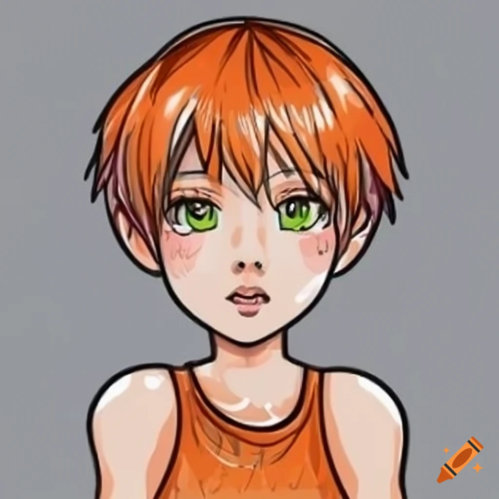 Anime girl with orange pixie cut hair and green eyes in a gray ...