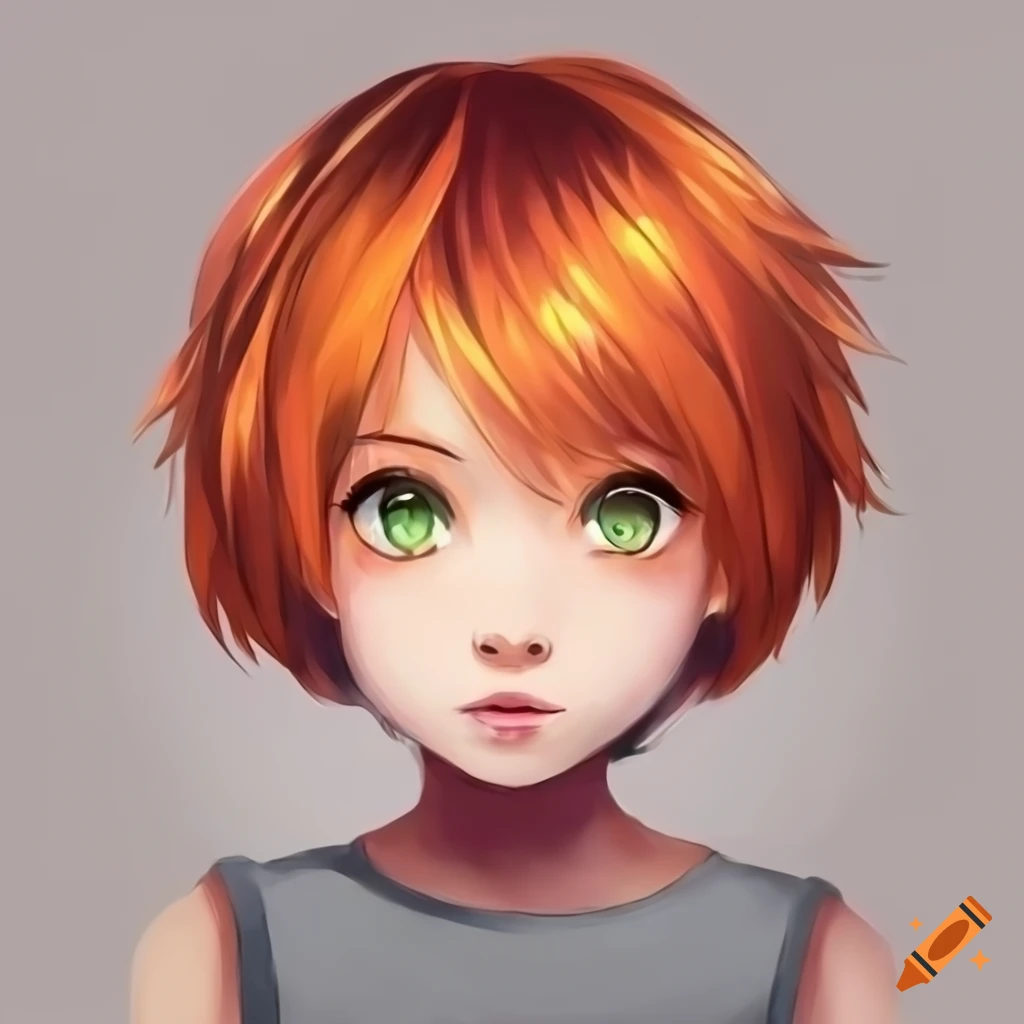 Anime girl with orange pixie cut hair and green eyes wearing a gray ...