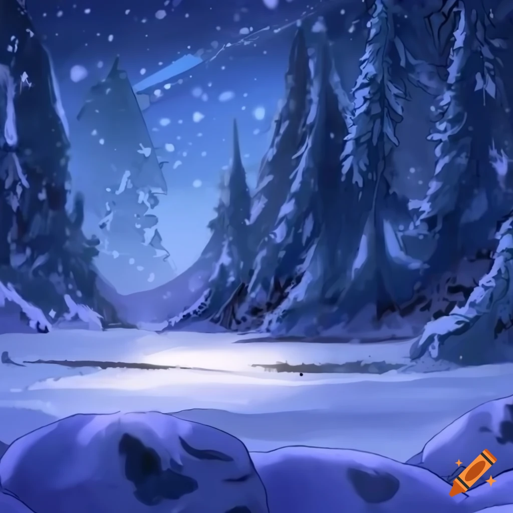 Blizzard conditions in a frozen anime landscape on Craiyon