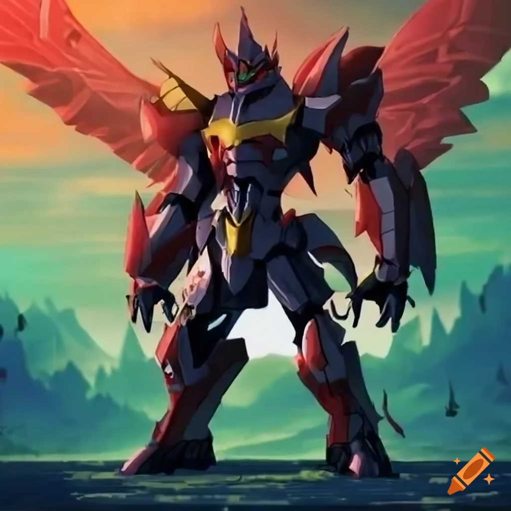 Mega armored knight mecha in digimon-style anime villain on Craiyon