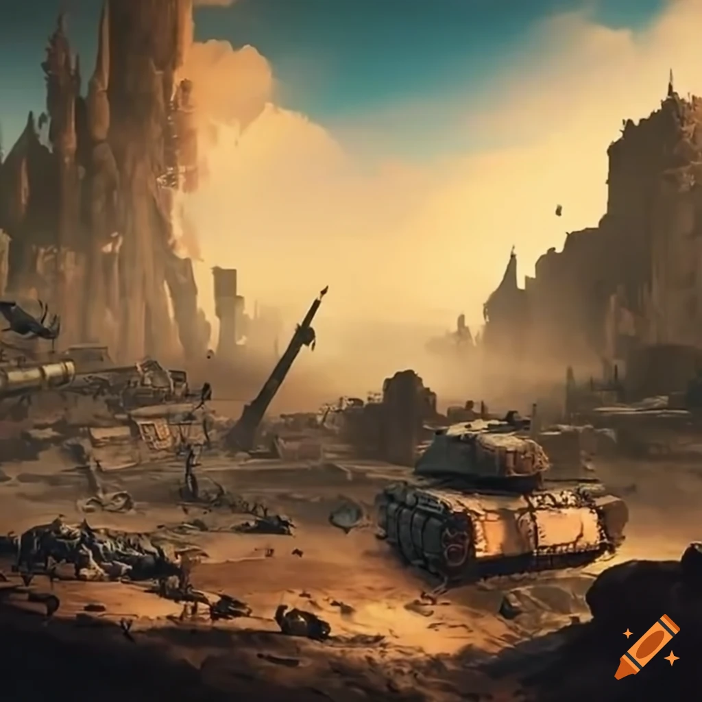 Epic battle scene in a war-torn landscape with tanks and gunfire on Craiyon