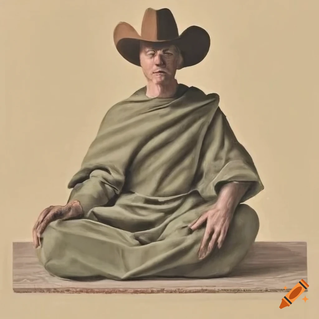 Cowboy-hat-wearing man in monk's robe meditating under a cactus on Craiyon